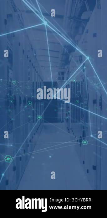 Animation of moving shapes over server room. Global business and ...