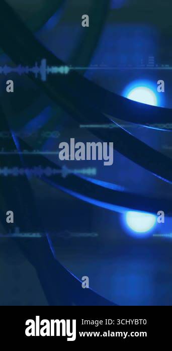 Animation of computer language and soundwaves over close up of wires in ...