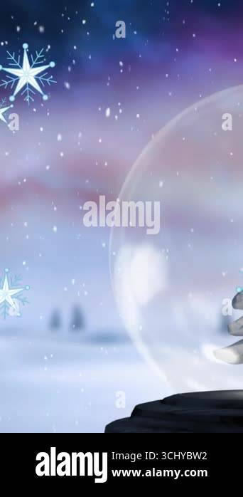 Animation of snow falling over snow globe with christmas tree and ...