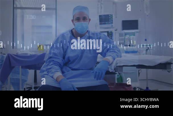 On clip start surgeon shifting posture in OR, audio waveform pulsing ...