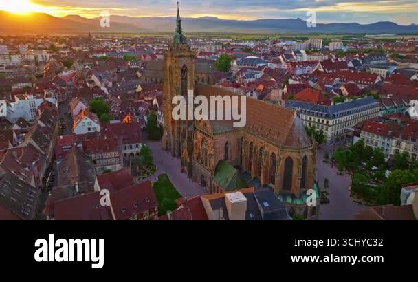 Aerial view of Colmar, France The Eglise Saint-Martin, park and ...