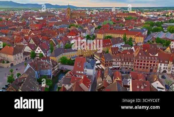 Aerial view of picturesque historic town of Colmar in the Alsace region ...