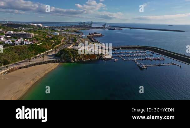 Aerial view of the city of Sines, Portugal. The old town fishing port ...