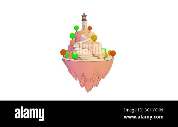 Island fly land on white bg isolate 3D cartoon style rotate endless 4k ...