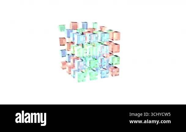 Color glass boxes assembles and brock on white bg rotate endless 4k ...