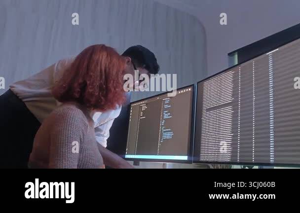 Two developer or programmer colleagues collaborating on programming and data analysis using ...