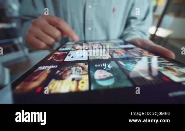 Shot of hands man scrolling tablet computer. Holding searching for ...