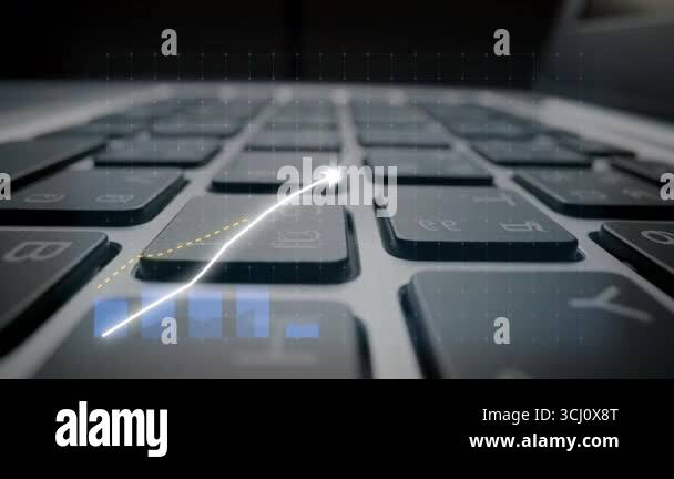 A close-up view of a keyboard with an overlaid graph showing rising ...