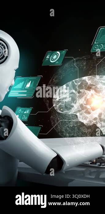 Robot hominoid use laptop and sit at table for big data analytic using AI thinking brain ...