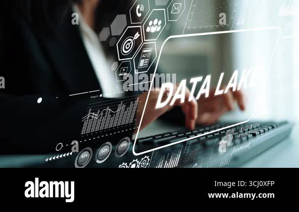 Business professional interacting with data lake technology ...