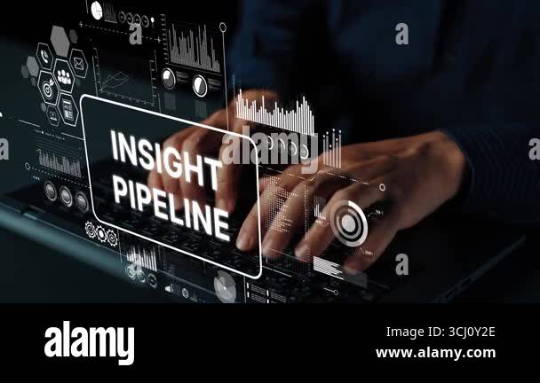 Hands Typing on Laptop with Insight Pipeline Visuals for Data Analysis and Technology Concepts ...