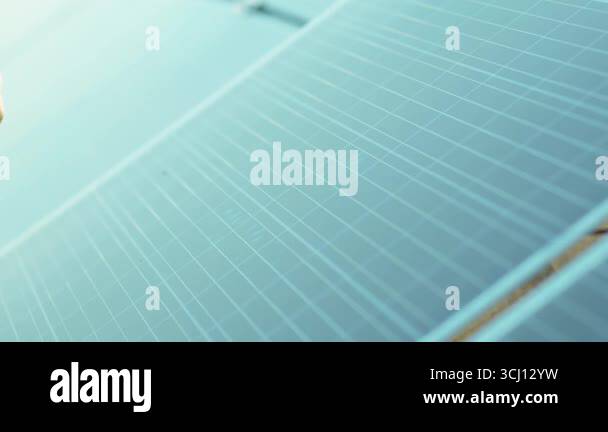 Close up man hands touch solar batteries stand construction renewable ...