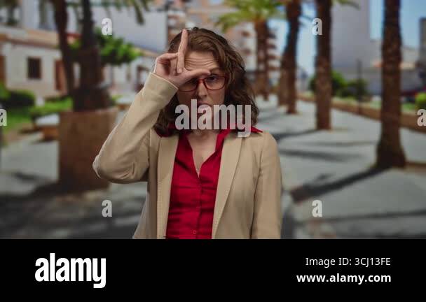 Woman on city street making loser hand gesture with fingers to forehead ...