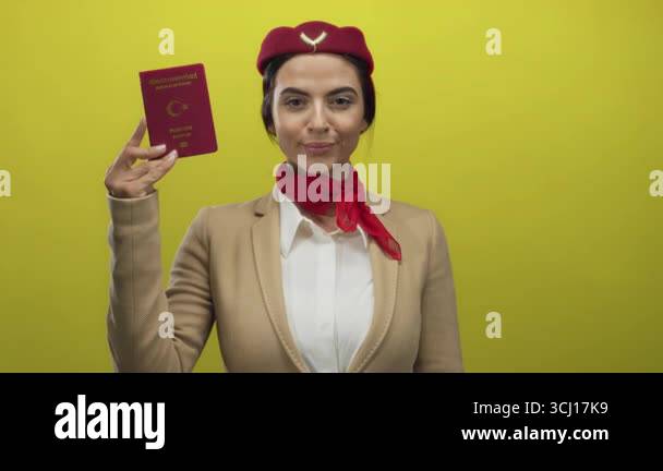 Woman flight attendant in uniform holding turkish passport against ...
