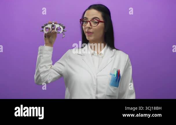 Woman optician in white uniform holding trial frame against purple ...