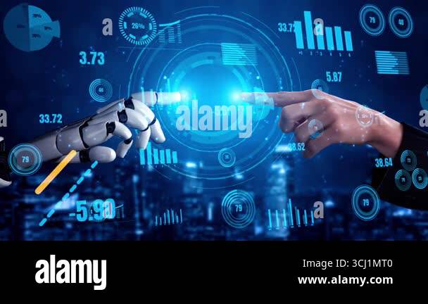A robotic arm and a human hand interact over digital data visuals, symbolizing collaboration in ...