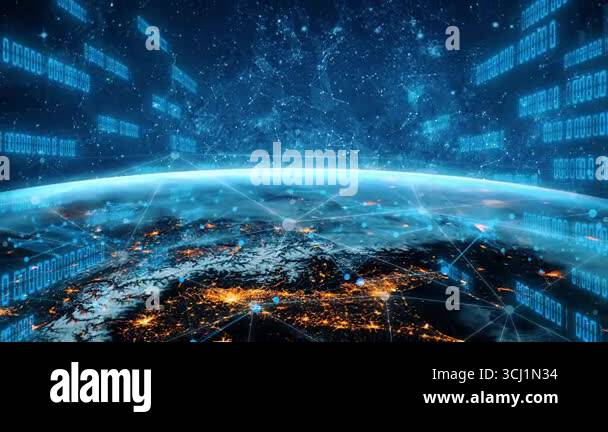 Captivating view of Earth at night, surrounded by digital and data ...