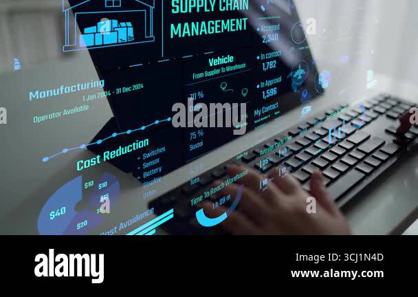 Supply chain management interface showing delivery routes, warehouse ...