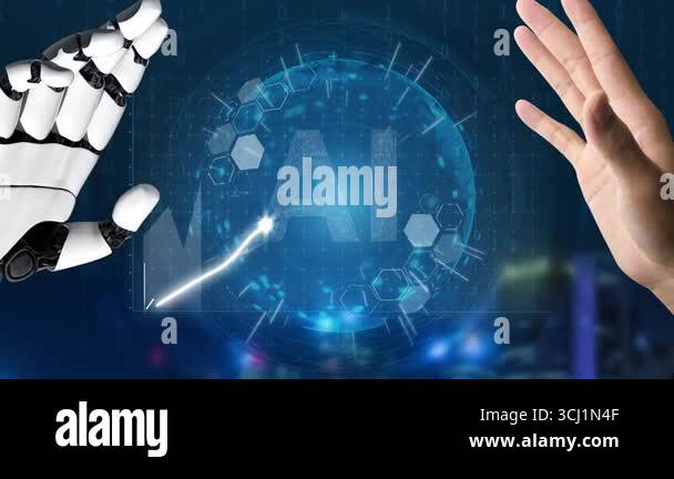 This image depicts a human hand and a robotic hand engaging over a ...
