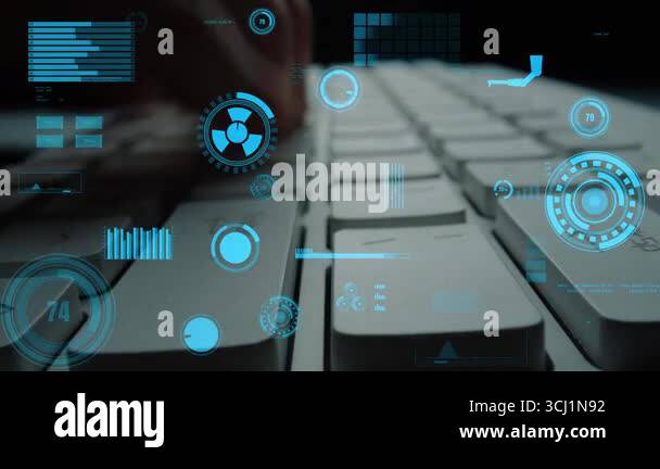 A close-up of a hand typing on a keyboard with futuristic data and ...
