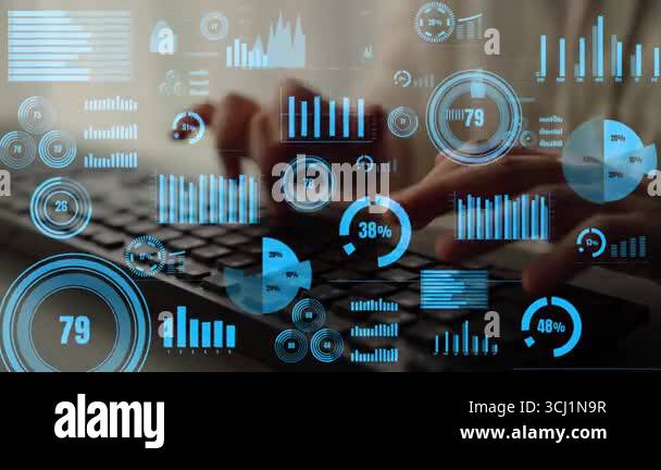 A close-up of hands typing on a keyboard with digital graphs and data ...