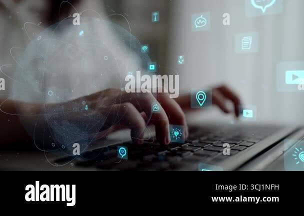 Hands of a person typing on a keyboard, surrounded by glowing digital ...