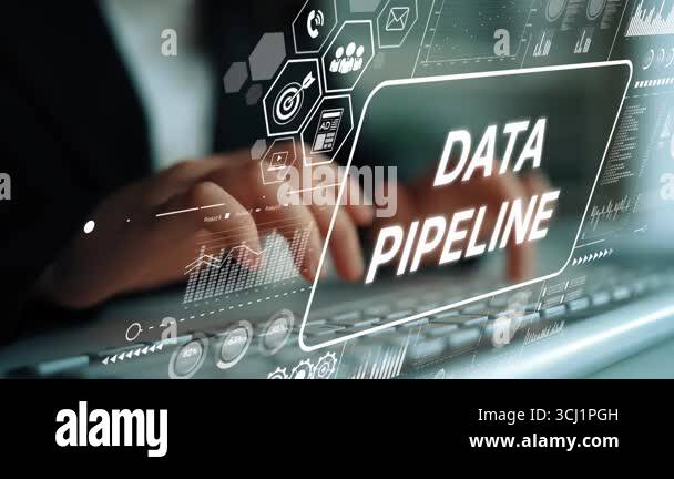 Hands Typing on Keyboard with Data Pipeline Concept and Digital Charts Representing Modern ...
