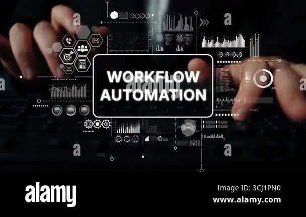 Hands typing on keyboard with digital interface for workflow automation concepts and data ...
