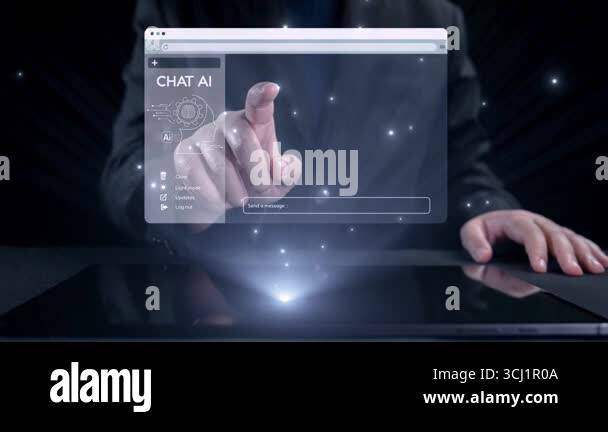 A sleek digital device displays a holographic chat interface featuring ...