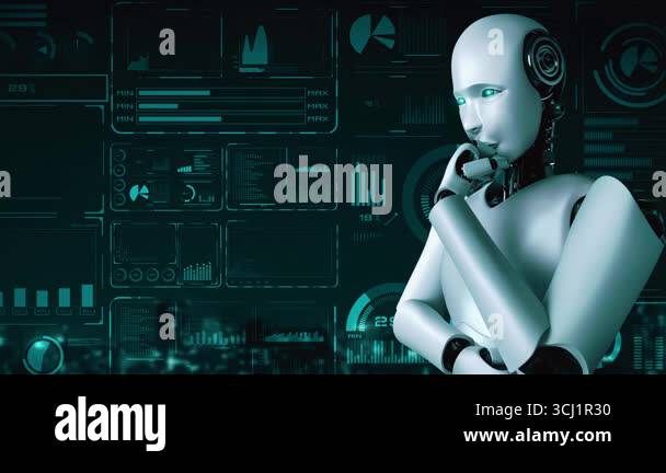 Thinking AI hominoid robot analyzing hologram screen showing concept big data analytic using ...
