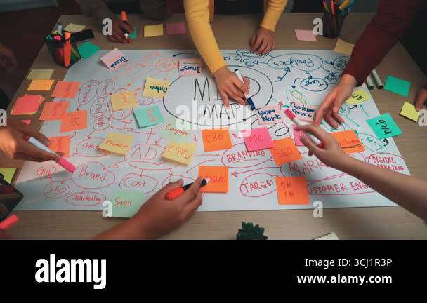 A vibrant workspace featuring diverse hands collaborating on a colorful ...