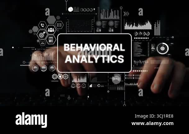 Hands Typing on Keyboard with Behavioral Analytics Graphs and Data Visualization Graphics in a ...