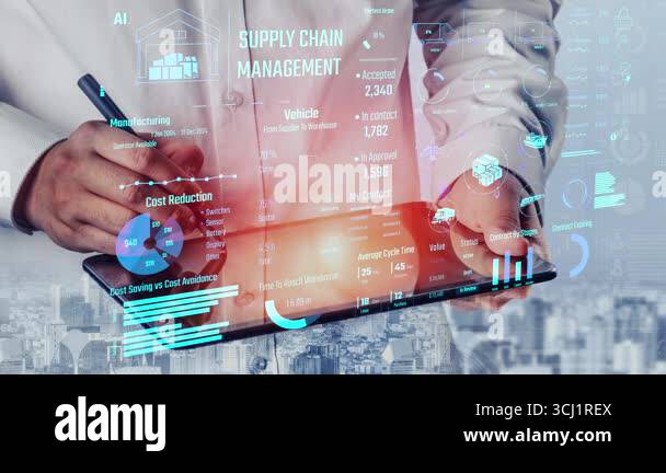 Supply chain management interface showing delivery routes, warehouse ...