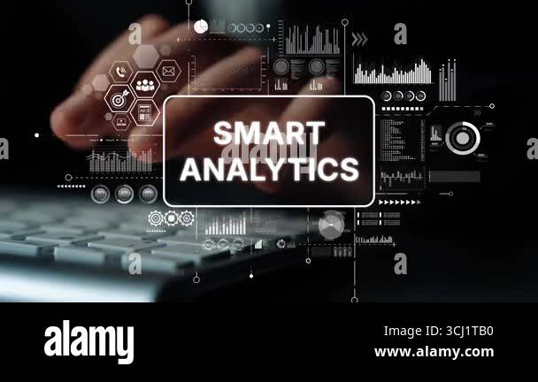 Modern Smart Analytics Concept with Data Visualizations, Charts, and Hands Typing on Keyboard in ...