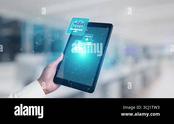 Software development with coding overlays, programming languages, developer tools, mobile app ...