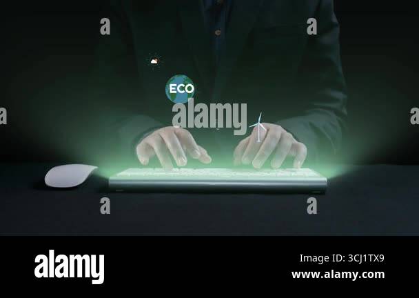 A person typing on a keyboard with vivid ecological graphics ...