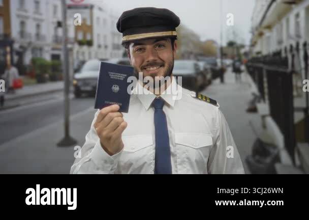 Young man in uniform holding a german passport smiling outdoors on a ...