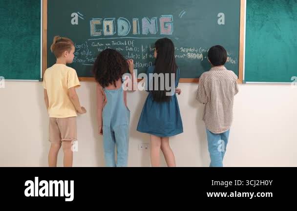 Back view of diverse student writing prompt at board while girl turn ...