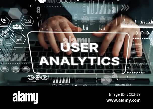 Data-driven insights in user analytics with technology interface and hands on keyboard for ...