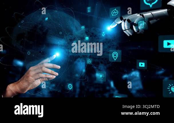 A captivating scene of a human hand reaching out to a robotic finger ...