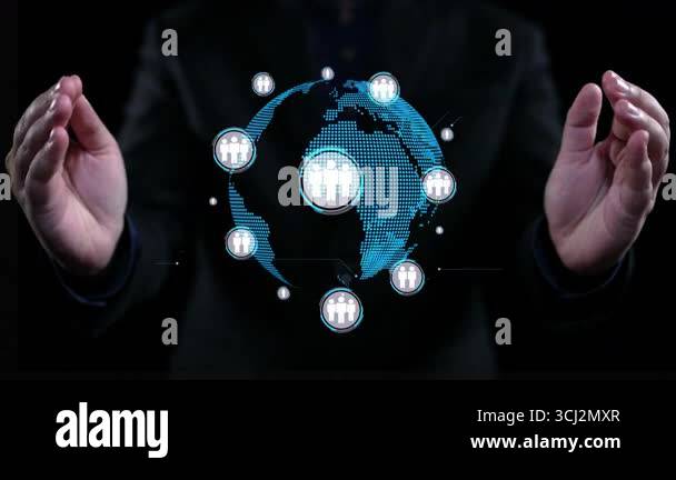 A pair of hands holds a digital representation of the world, showcasing ...