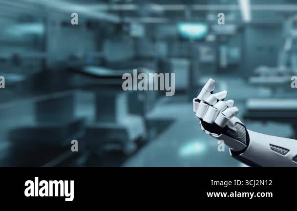 Close up of robotic hand point and tap at cross hologram with blurring ...