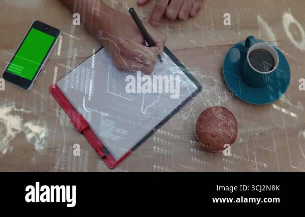 Man using stylus tracing map overlay for design, tapping smartphone ...