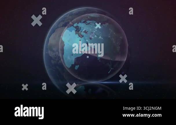 Forming globe rotating under shield overlay, lighting cities and ...