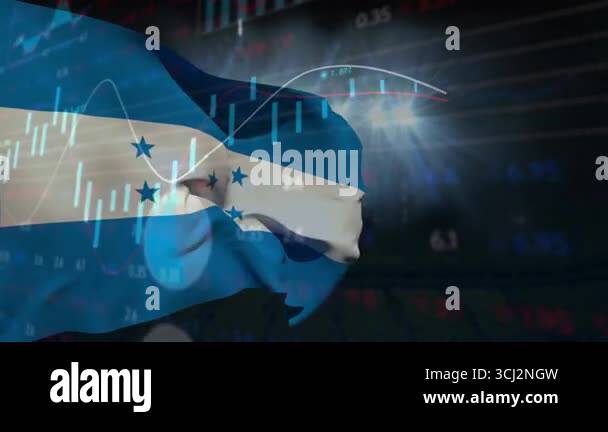 At start Honduran flag billowing while animated market charts rising ...