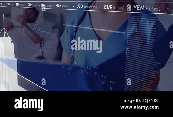 Opening with nurse reviewing chart on clipboard while monitoring animated global currency graphs ...