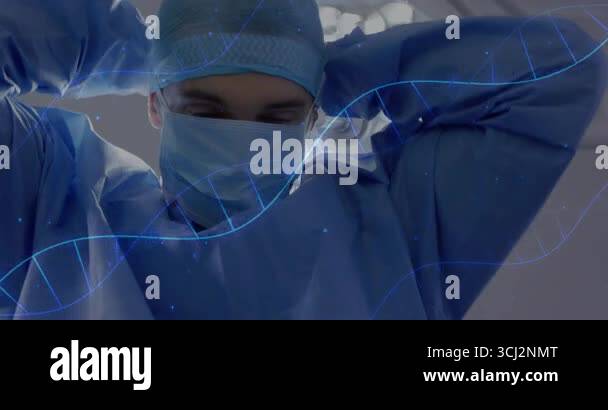Surgeon lifting cap and adjusting mask beneath light, streaming DNA ...