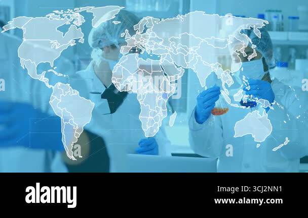 Lab researchers lifting flasks activating map overlay showing network ...