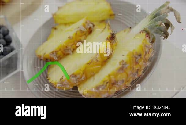 Bright green line graph fading in over pineapple wedges, plotting ...