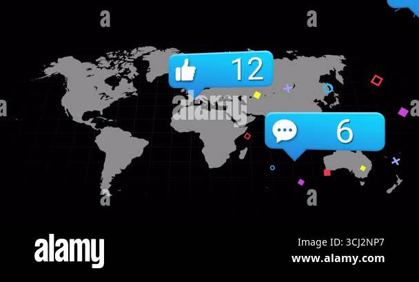 World map fading in triggers notification icons emerging and updating counts visualizing ...